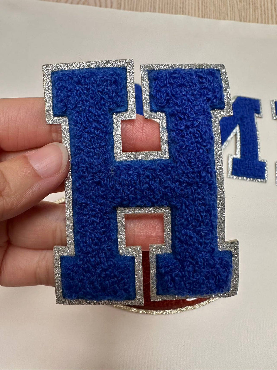 3 inch Iron on letters, Blue/Silver glitter, Chenille Letter: H ...